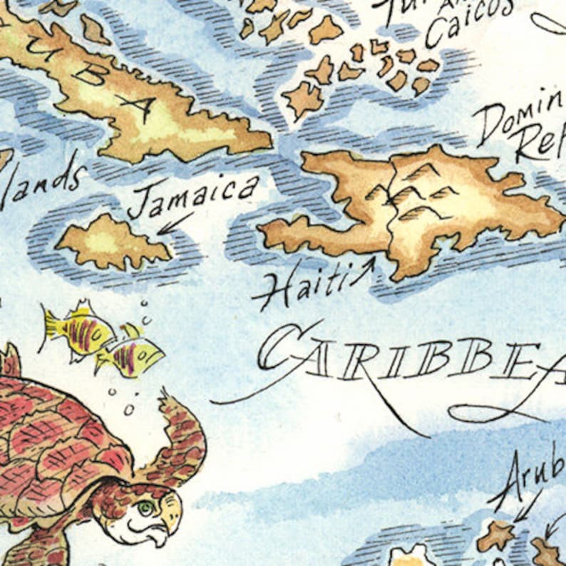 Map Print of the Caribbean, Fine Art Print of Caribbean, Caribbean Sea ...