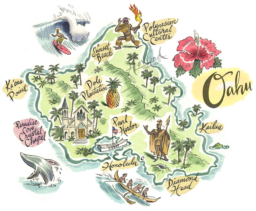 Oahu Hawaii Print, Hawaiiana, Hawaiian Islands Print, Fun Map, City Map ...