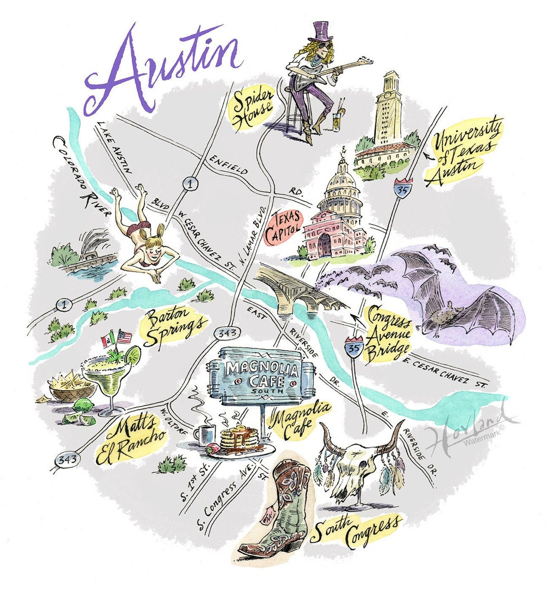 Austin Map Print, Austin Texas, University of Texas Austin, Austin City ...
