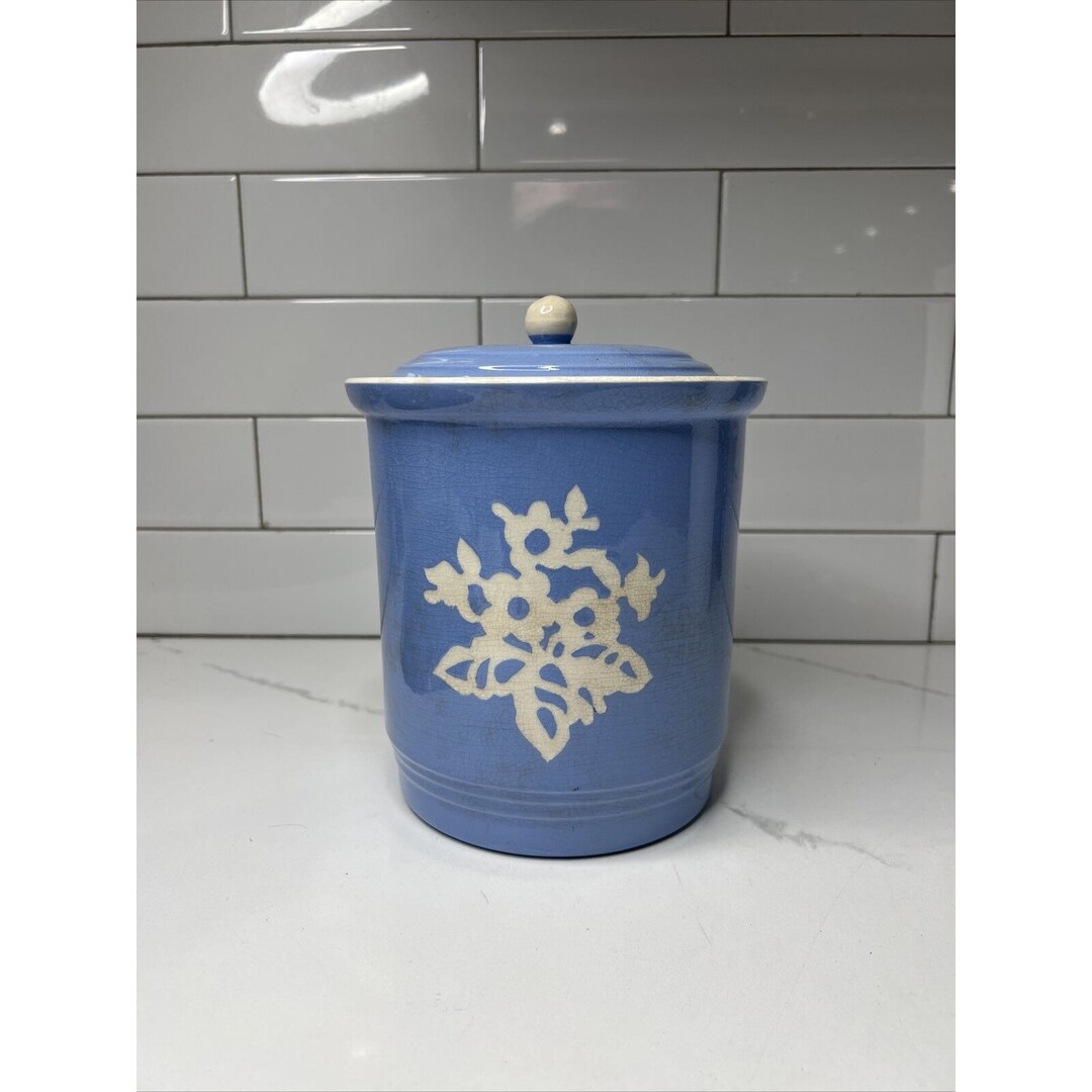 Cameoware Harker Pottery Company Blue & White Cookie Jar Dainty Flower ...