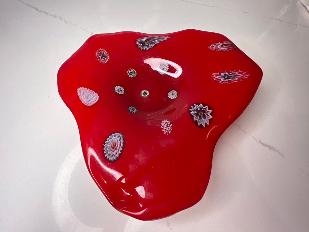 Large Vintage Murano Blood Red Glass Millefiori Opalescent Bowl / Candy ...