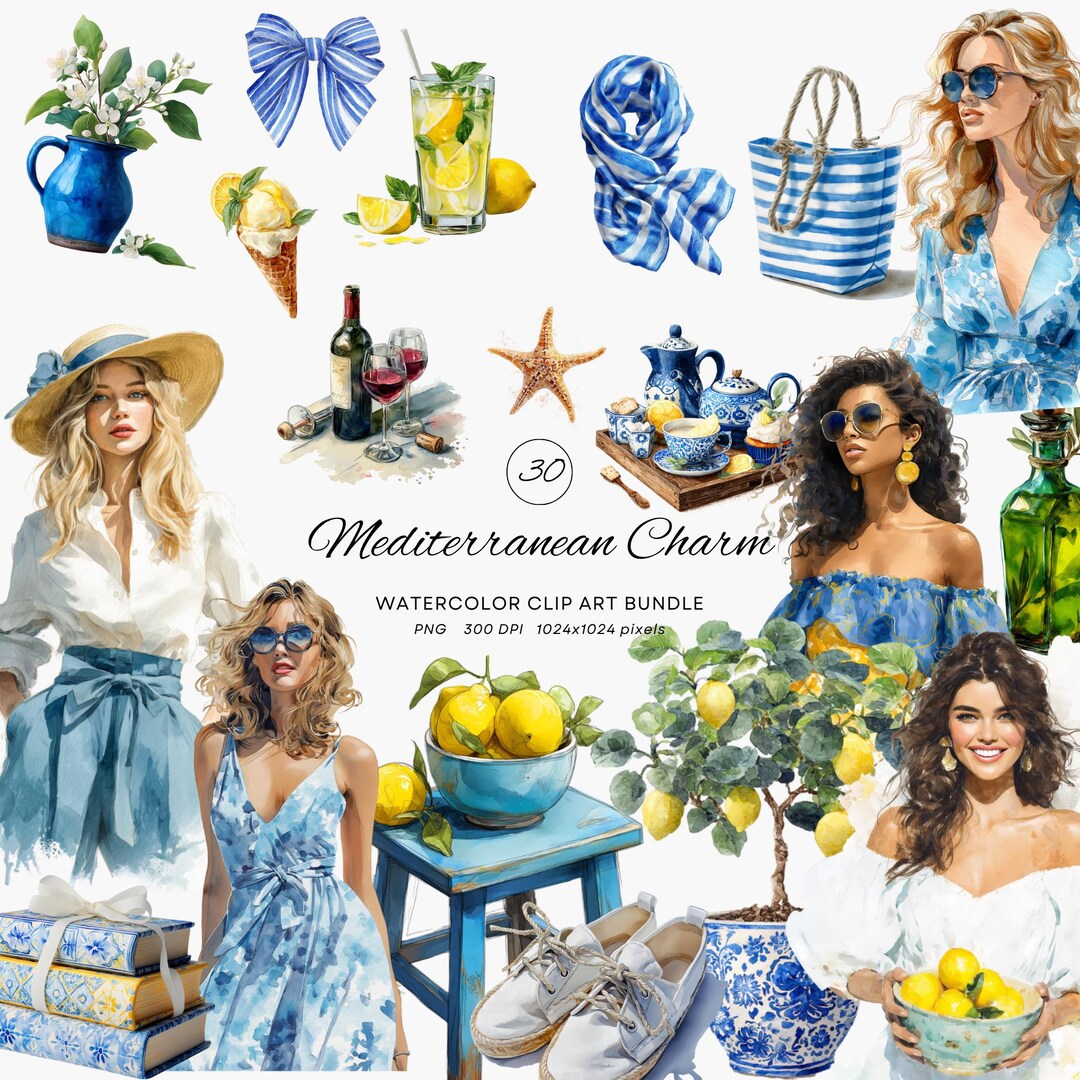 Watercolor Mediterranean Charm Summer Clipart, Lemons & Tiles, Sicily ...