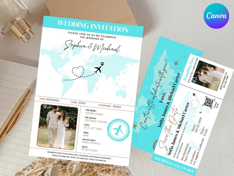 Destination Wedding Invitation Bundle, Editable Canva Passport Boarding ...