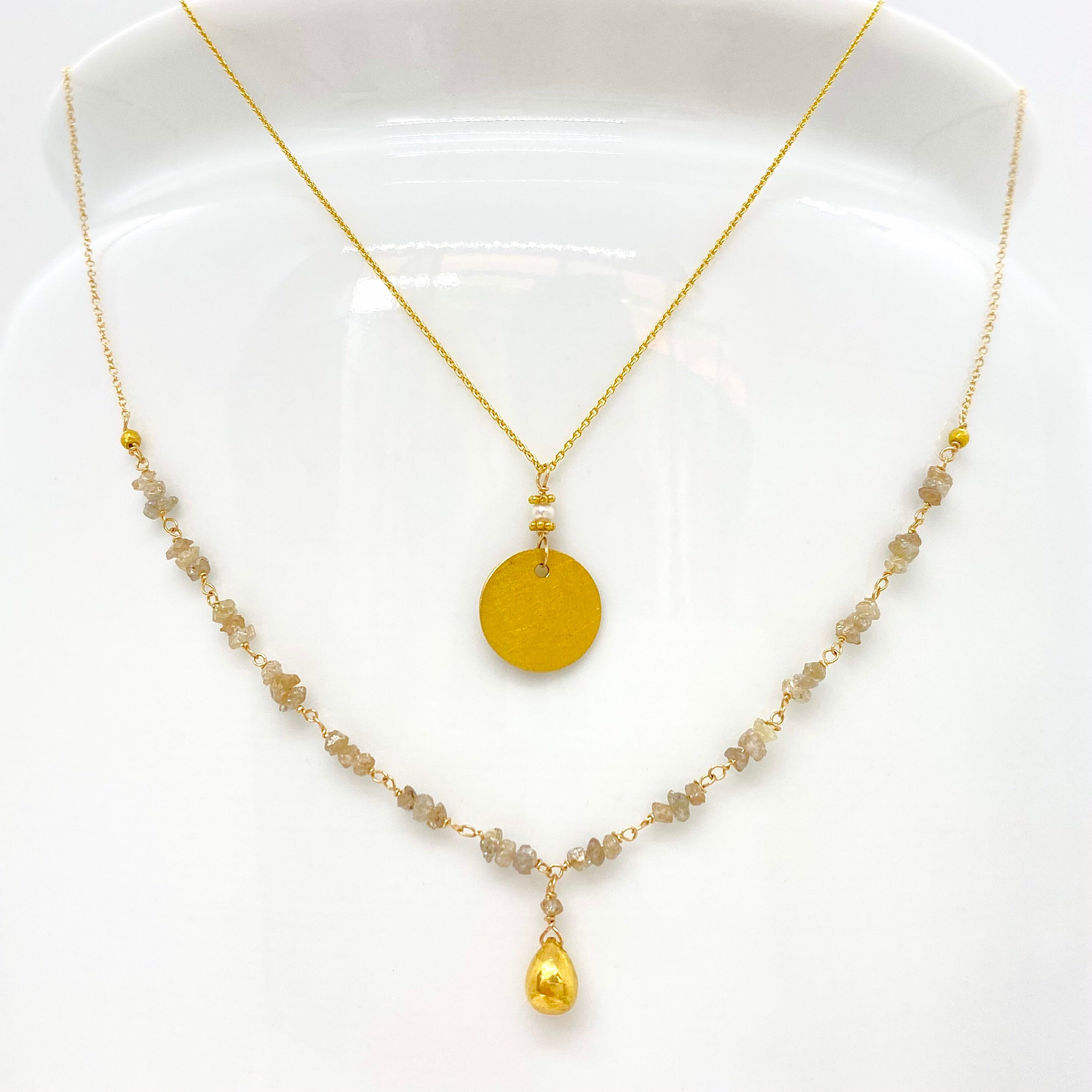 14k Gold Chain Necklace W/ 18k Gold Drop, Champagne Diamonds, Raw ...
