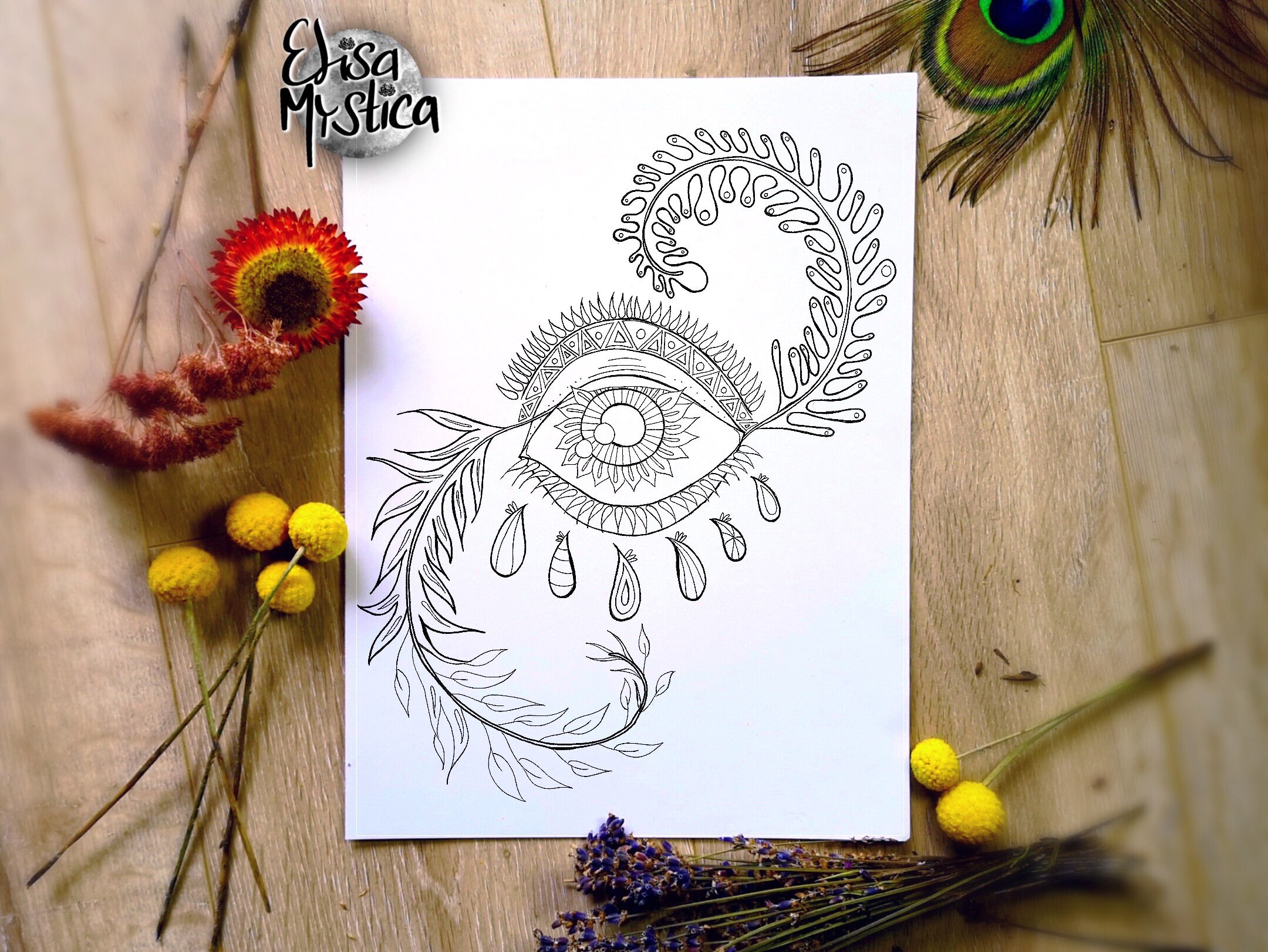 Printable Eye and Leaves Coloring Sheet Digital, Instant Download Adult ...