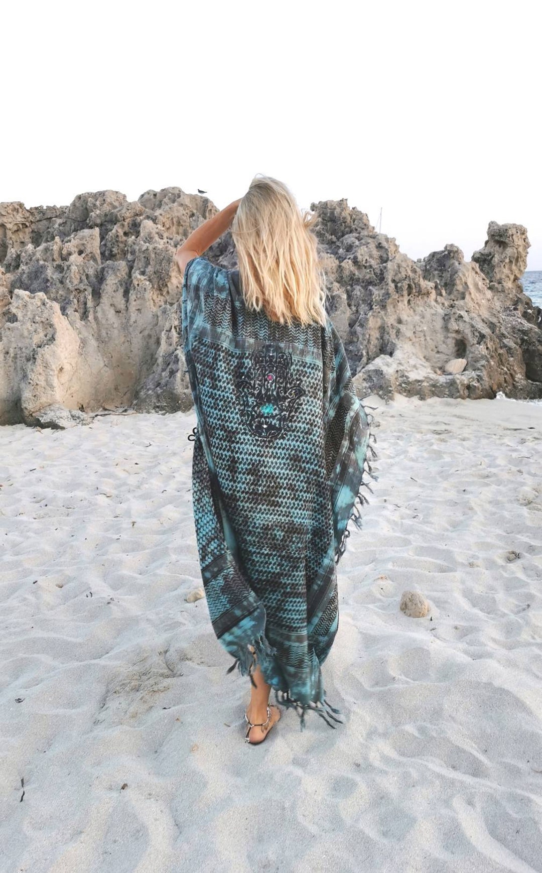 Nici COUTURE Batik Kimono Long Oversize Hand of Fatima Blue IBIZA Tunic ...