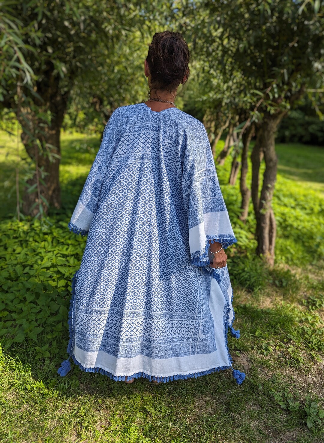 Nici COUTURE Ibiza Kimono Oversize Dress Long White Blue Tunic Cotton ...