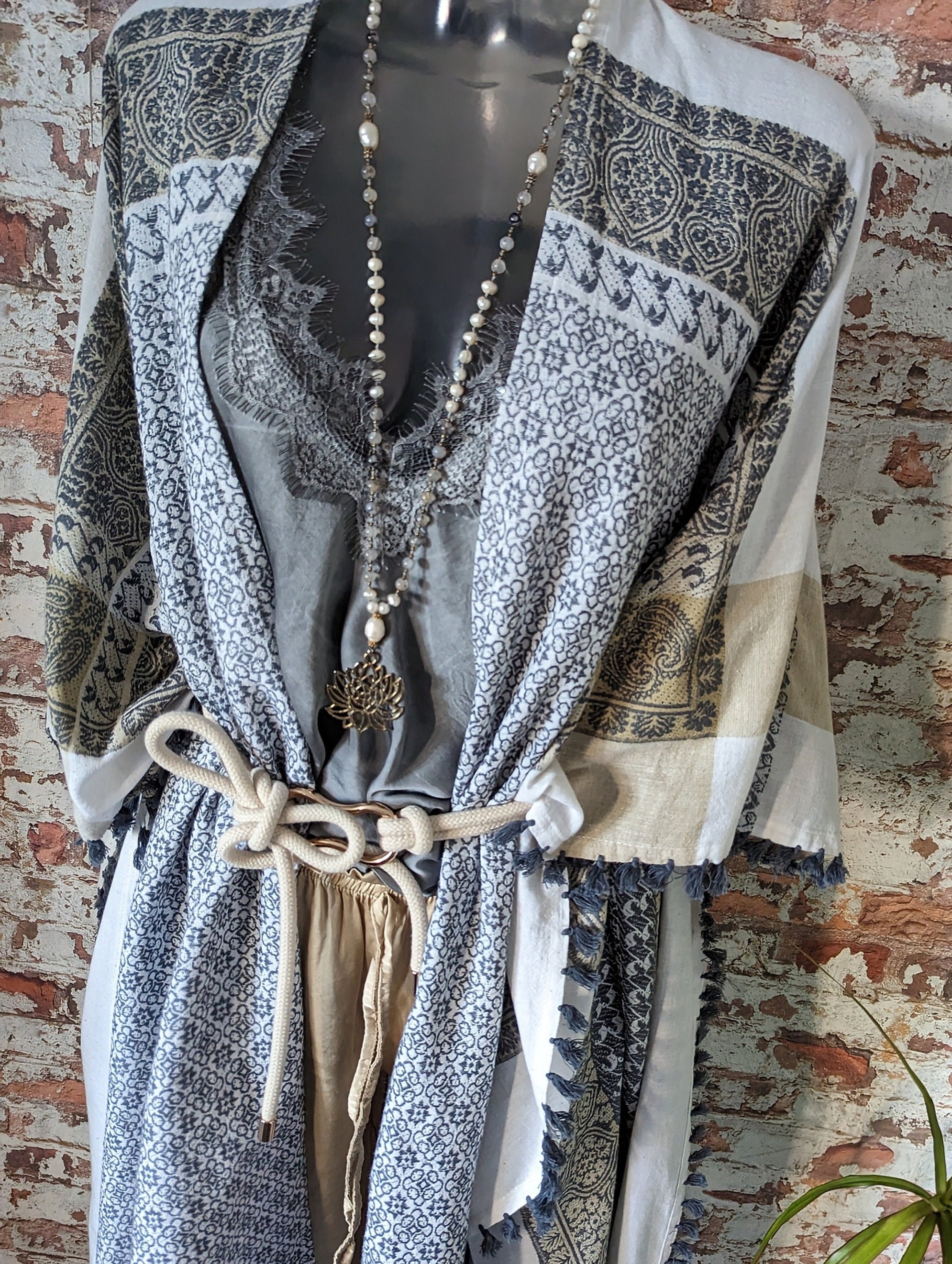 Nici COUTURE Ibiza Kimono Oversize Dress Long White Gray Tunic Cotton ...