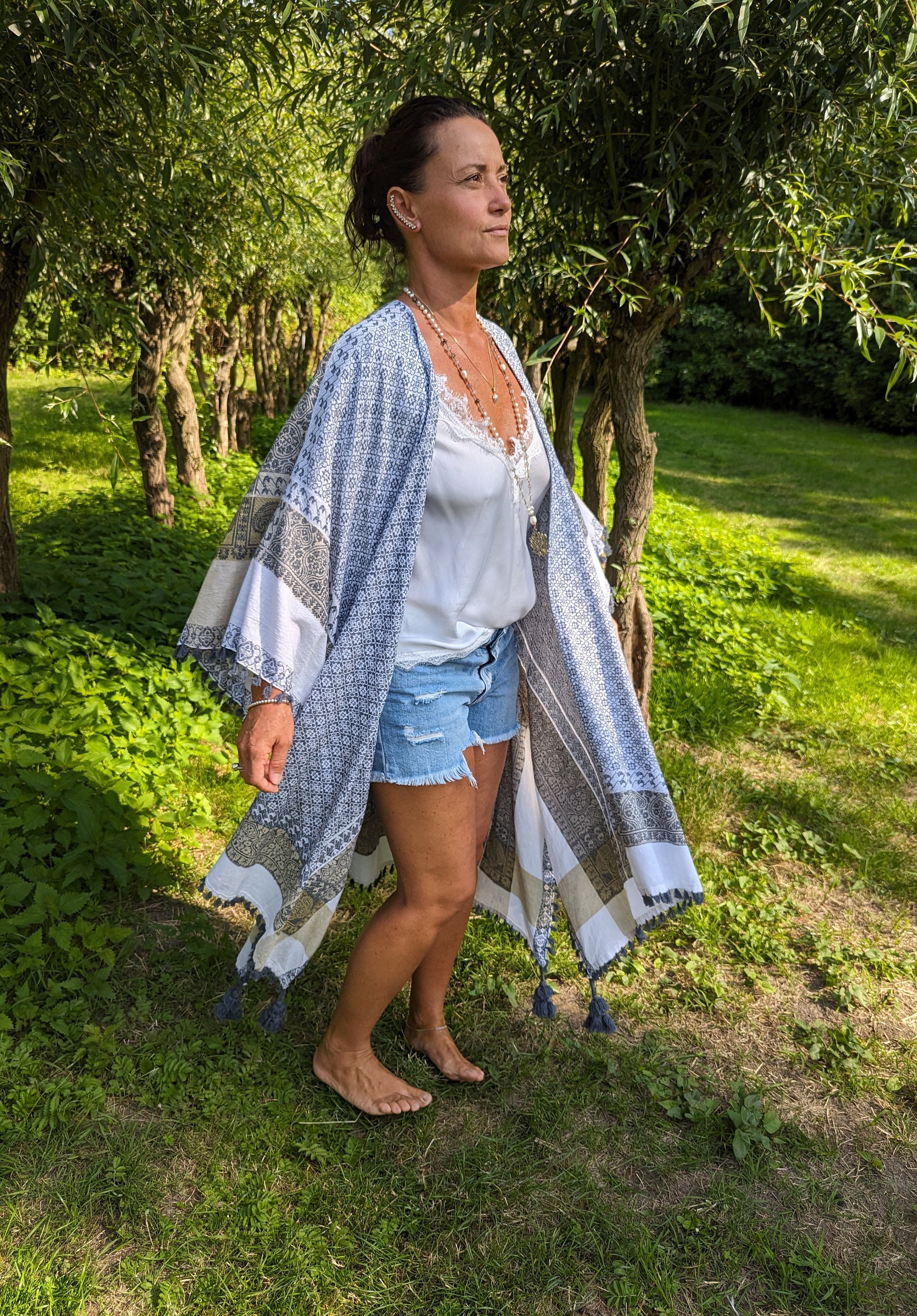 Nici COUTURE Ibiza Kimono Oversize Dress Long White Gray Tunic Cotton ...