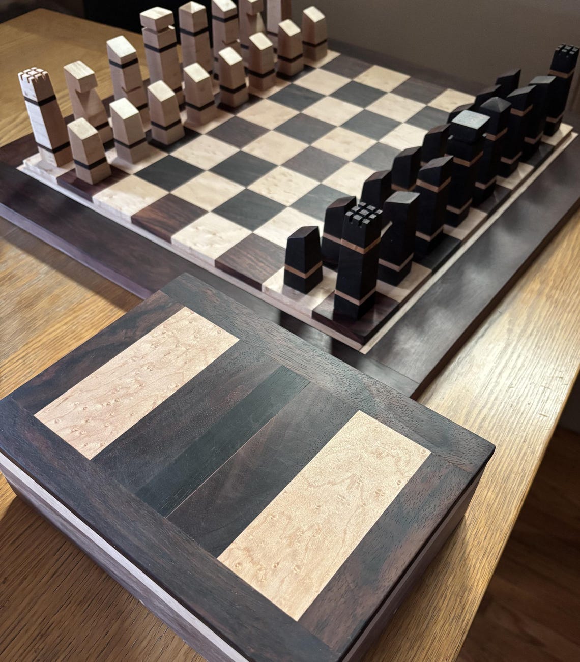 Handmade Wood Chess Board and Set - Raised Design, One of a Kind ...