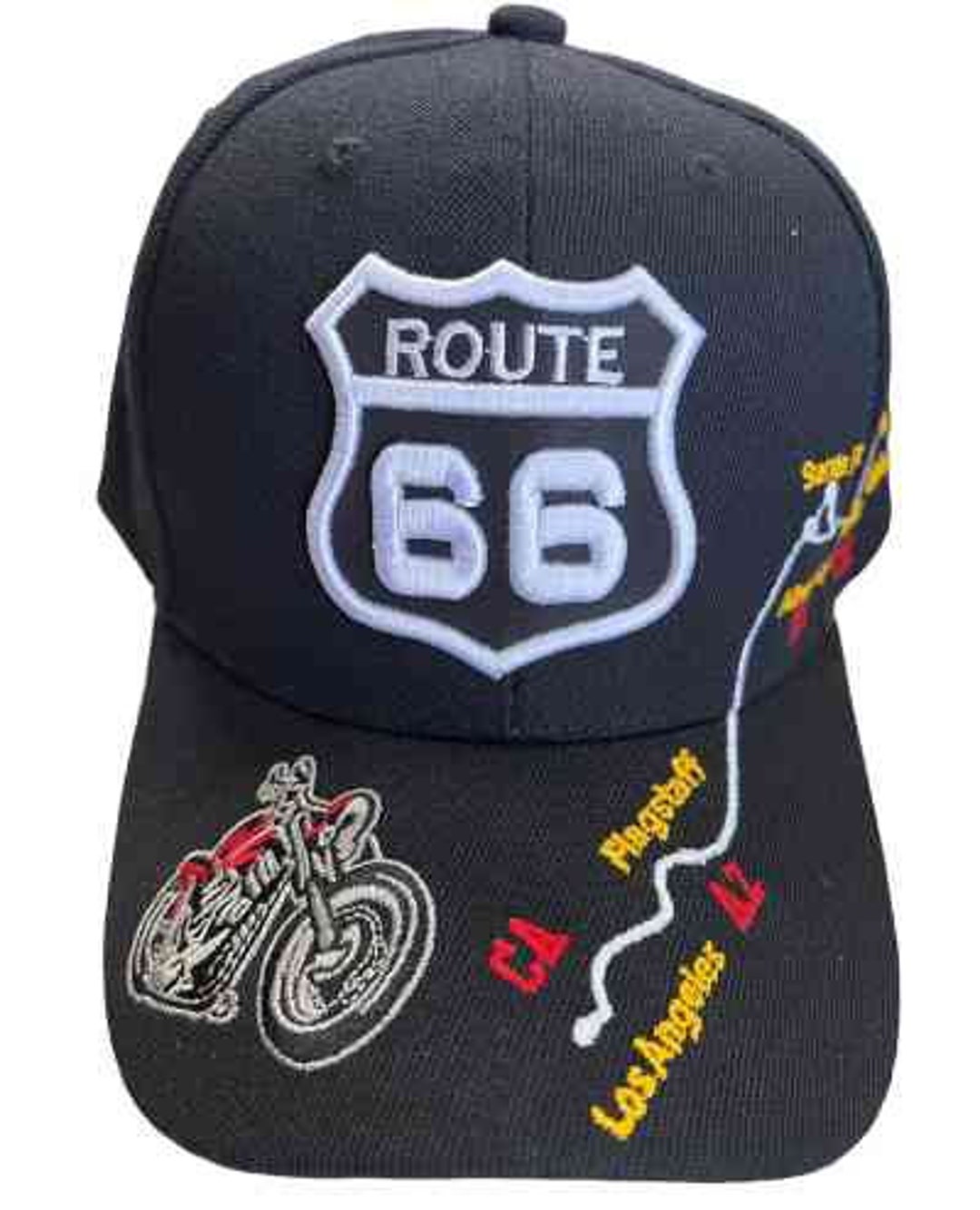 Route 66 Hwy Map With Motorcycle Baseball Cap Embroidered Black Color ...