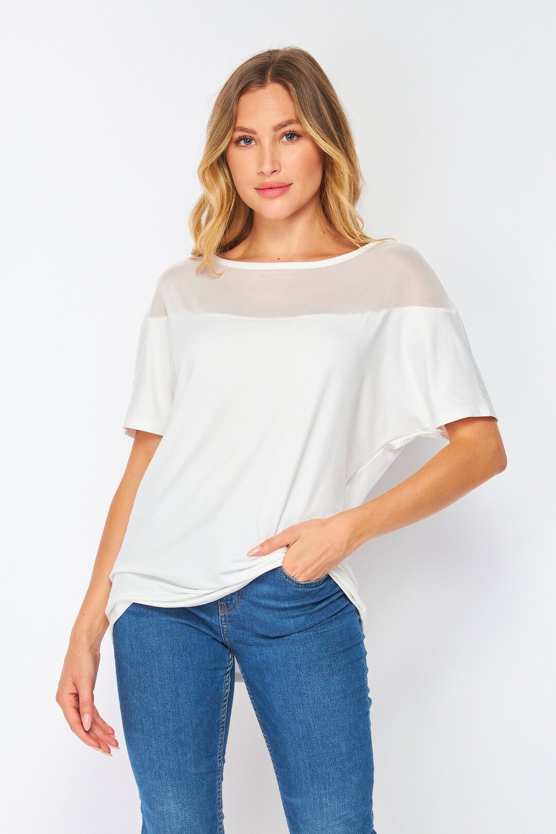 Custom Made Mesh Yoke Loose Fit Dolman Sleeve Knit Top / Available in ...