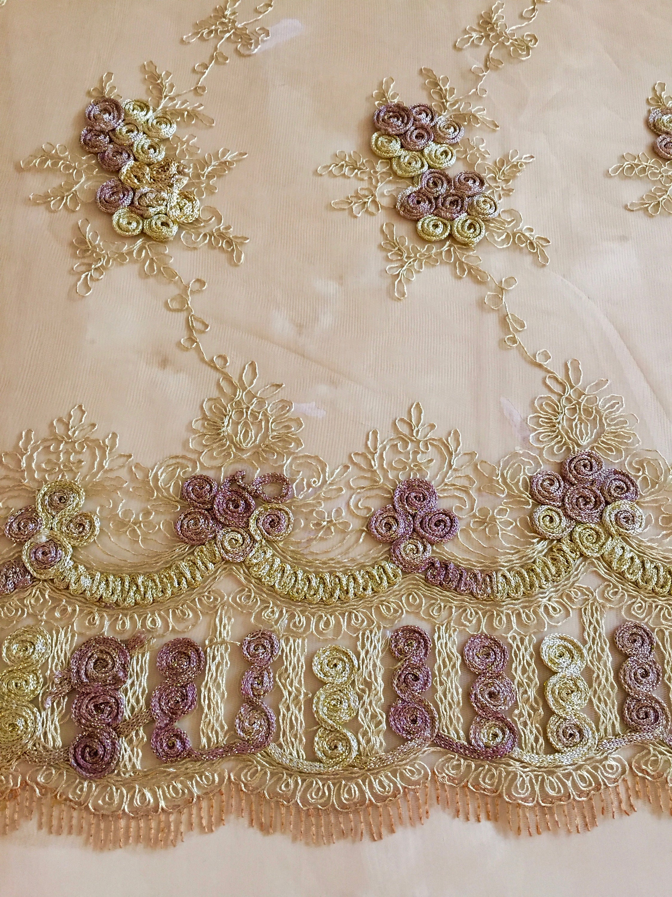 Lace, Gold Corded Lace With 3D Details, Gold and Bronze, 1 Metre Piece ...
