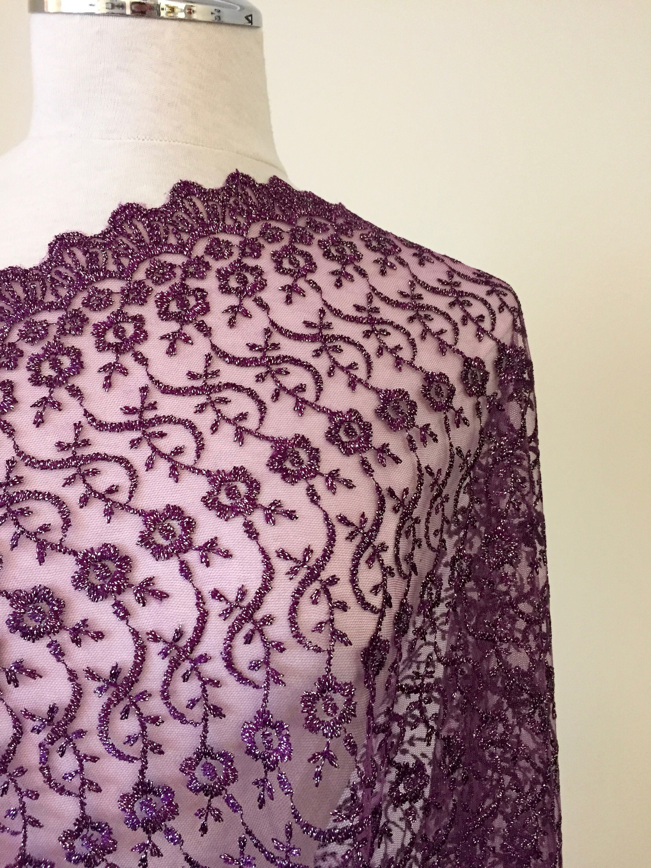 Lace, Purple embroidered lace with metallic thread, 1.5 metre piece ...