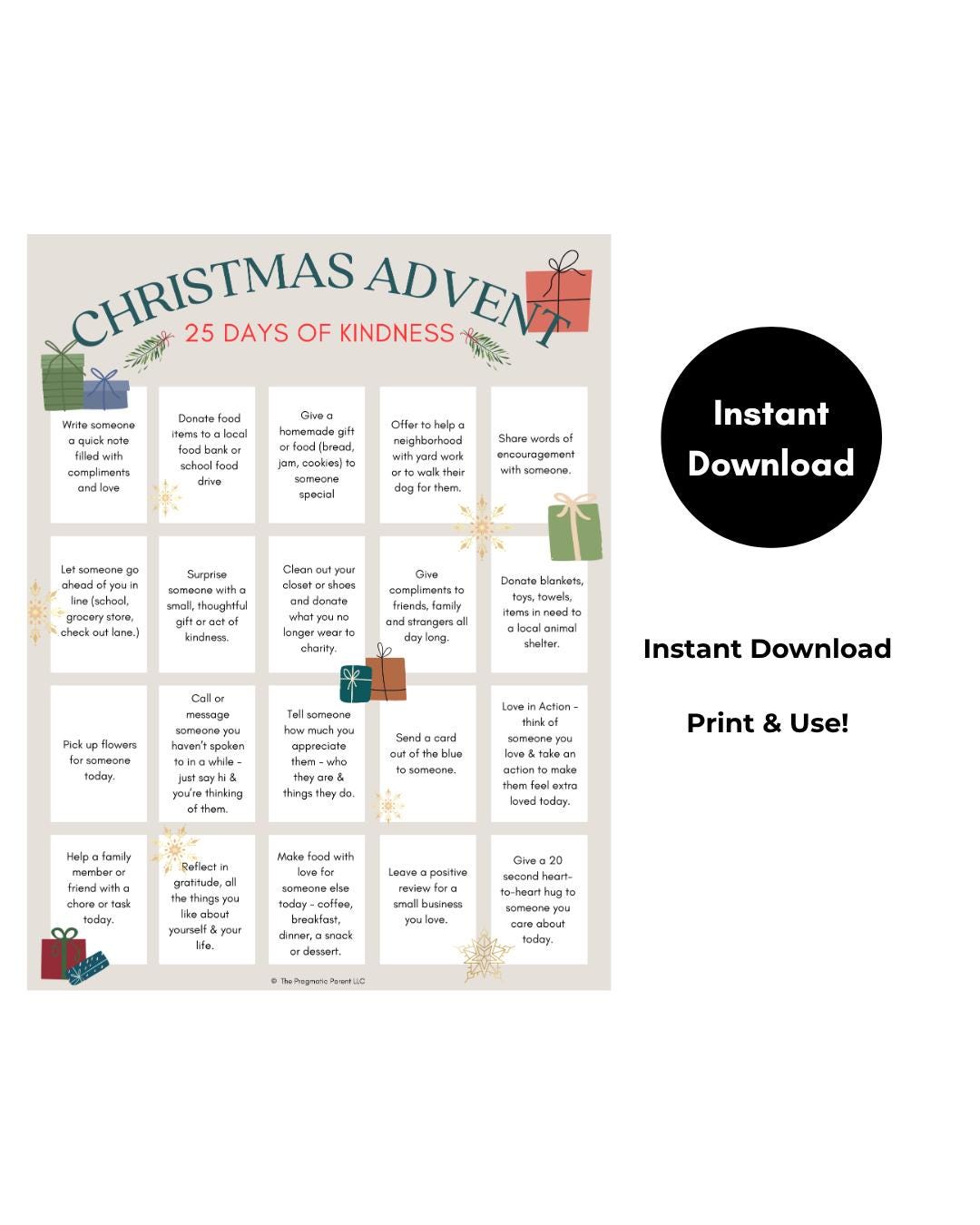 25 Days of Kindness Calendar, Printable Christmas Advent Calendar ...