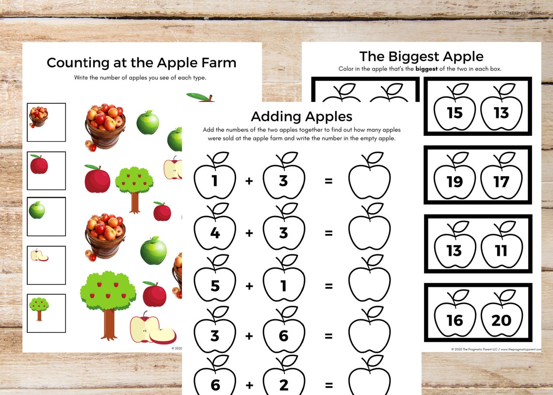 15 Apple Prek / Kindergarten Worksheets Beginning Math, Learn to Count ...