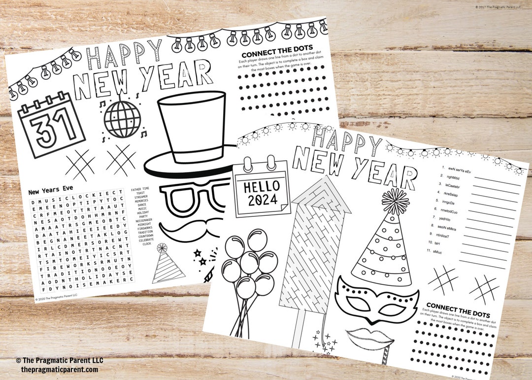 2 New Years Eve Kid's Placemat & Activity Sheets, Kids New Years Game ...