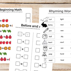 20 Prek / Kindergarten Worksheet Set - Shapes, Rhyming Words, Beginning ...