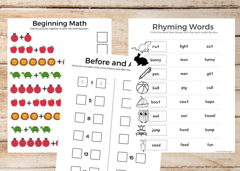 20 Prek / Kindergarten Worksheet Set - Shapes, Rhyming Words, Beginning ...