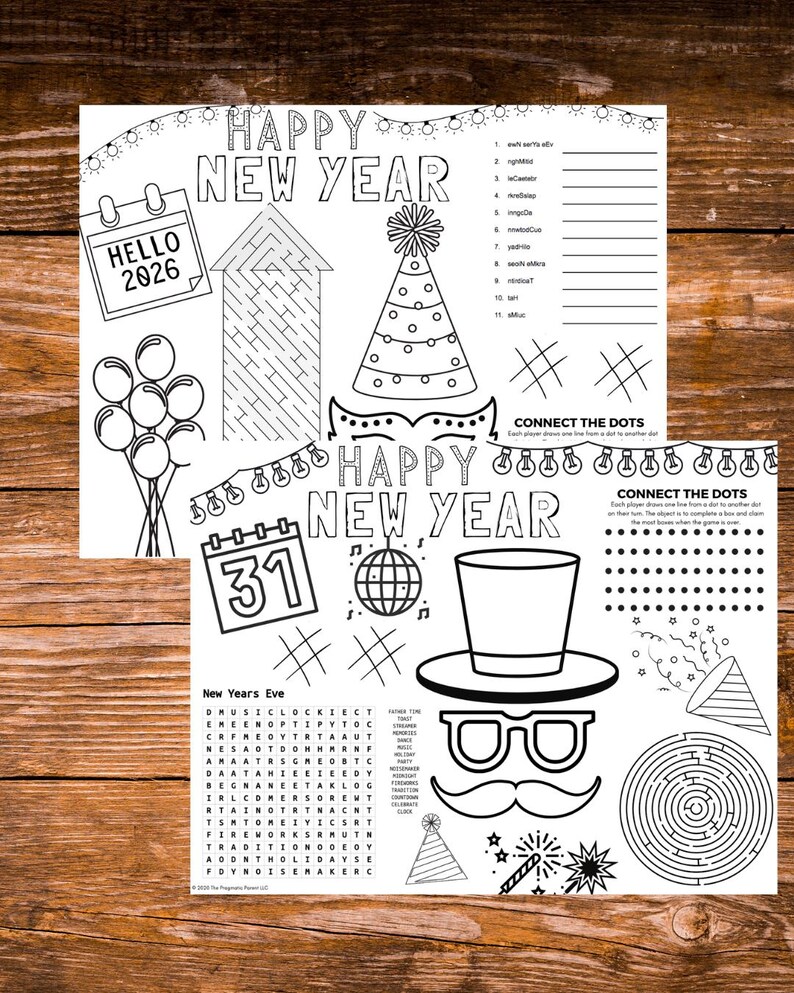 2 New Years Eve Kid's Placemat & Activity Sheets, Kids New Years Game ...