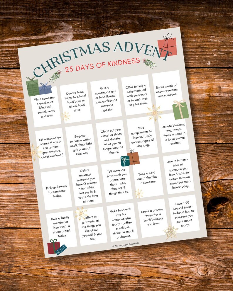 25 Days of Kindness Calendar, Printable Christmas Advent Calendar ...