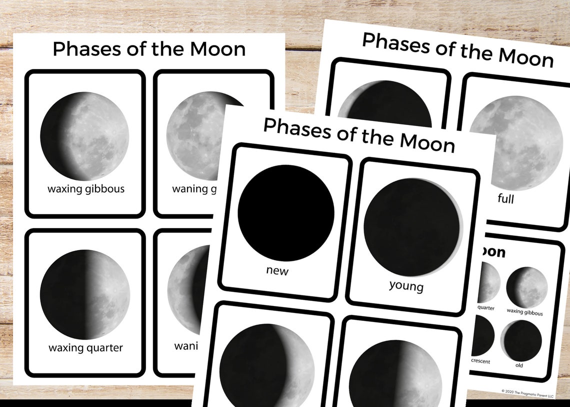 Phases of the Moon Flashcards, Moon Phases Printable Flash Cards, Moon ...