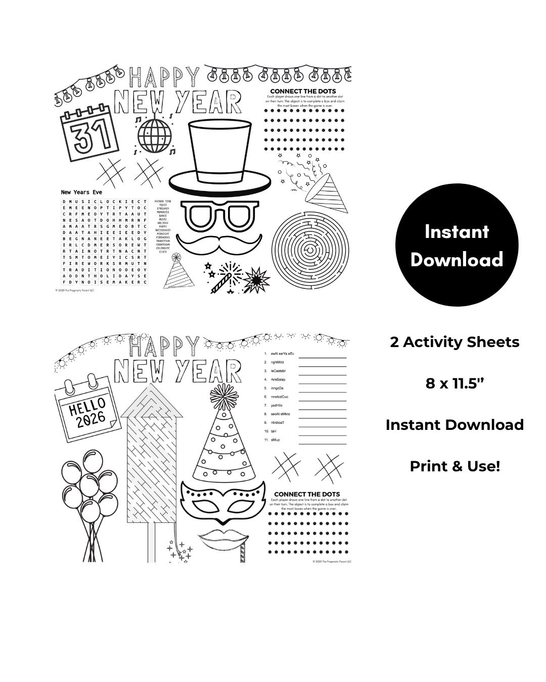 2 New Years Eve Kid's Placemat & Activity Sheets, Kids New Years Game ...
