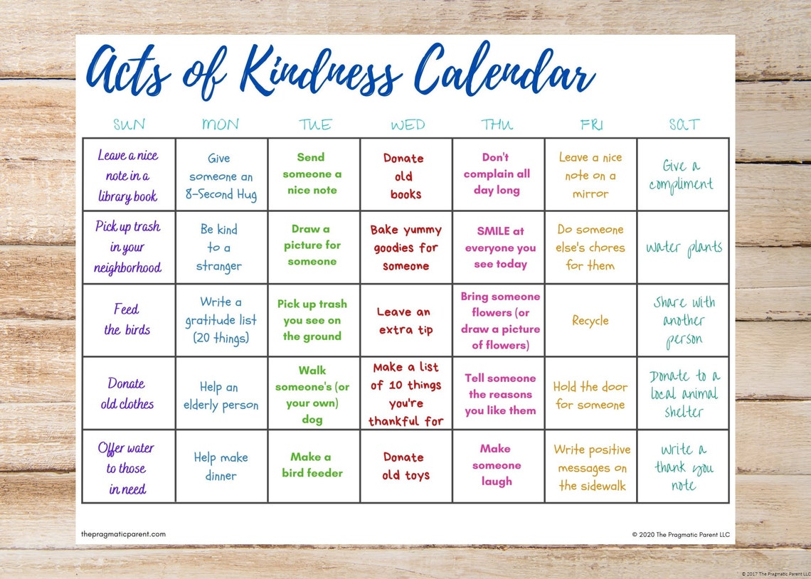 Kids's Acts of Kindness Calendar, Kindness Calendar, Random Acts of ...
