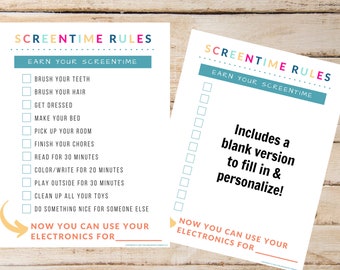 Screentime Rules Printable for Kids Screentime Reward Chart - Etsy