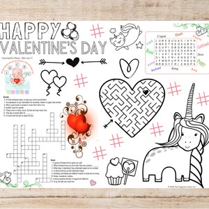 2 Valentine's Day Printable Kid's Placemat and Activity Sheets ...