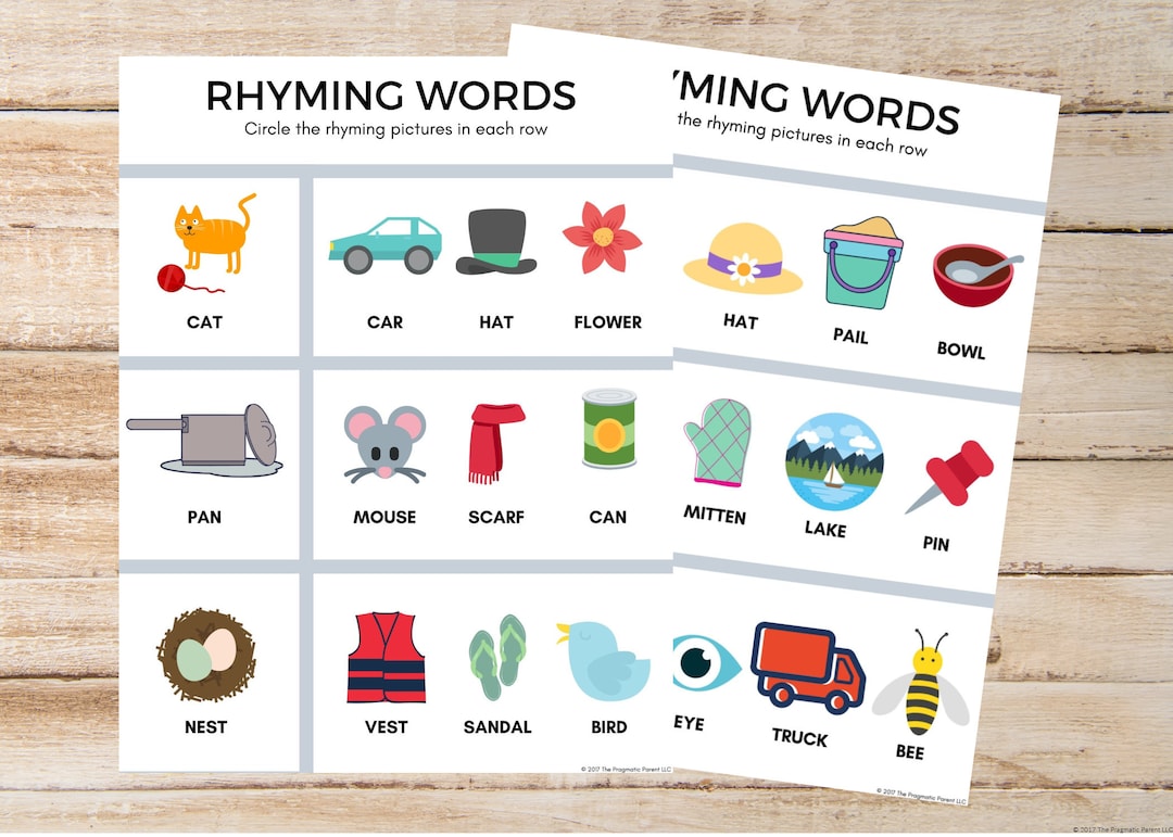 Rhyming Words Matching Game, Preschool Worksheet, Kindergarten ...