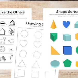 20 Prek / Kindergarten Worksheet Set - Shapes, Rhyming Words, Beginning ...