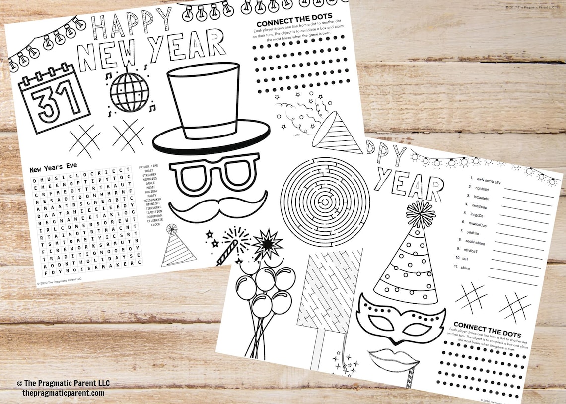 2 New Years Eve Kid's Placemat & Activity Sheets, Kids New Years Game ...