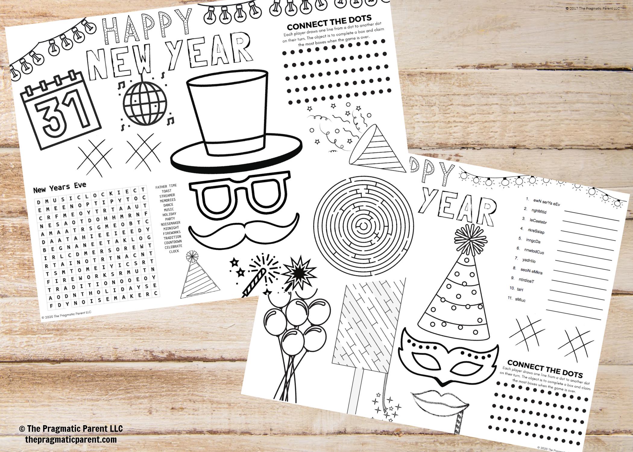 2 New Years Eve Kid's Placemat & Activity Sheets, Kids New Years Game ...