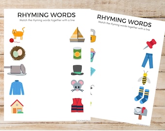 Rhyming Words Matching Game, Preschool Worksheet, Kindergarten ...