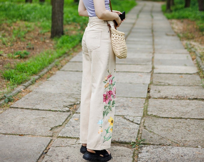 Custom Denim Jeans, Hand Painted Denim Pants, Beige Floral Wide Leg ...