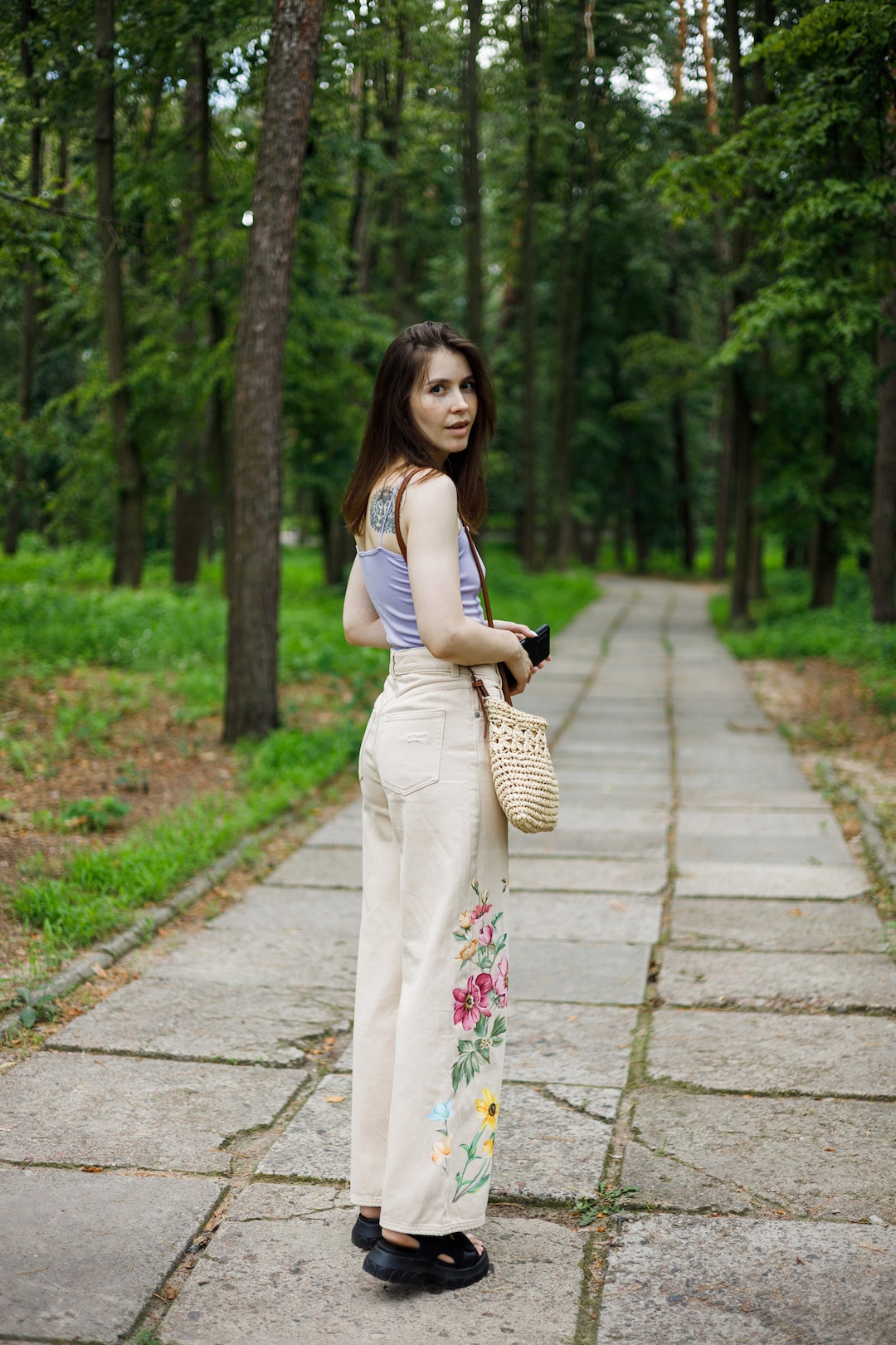 Custom Denim Jeans, Hand Painted Denim Pants, Beige Floral Wide Leg ...