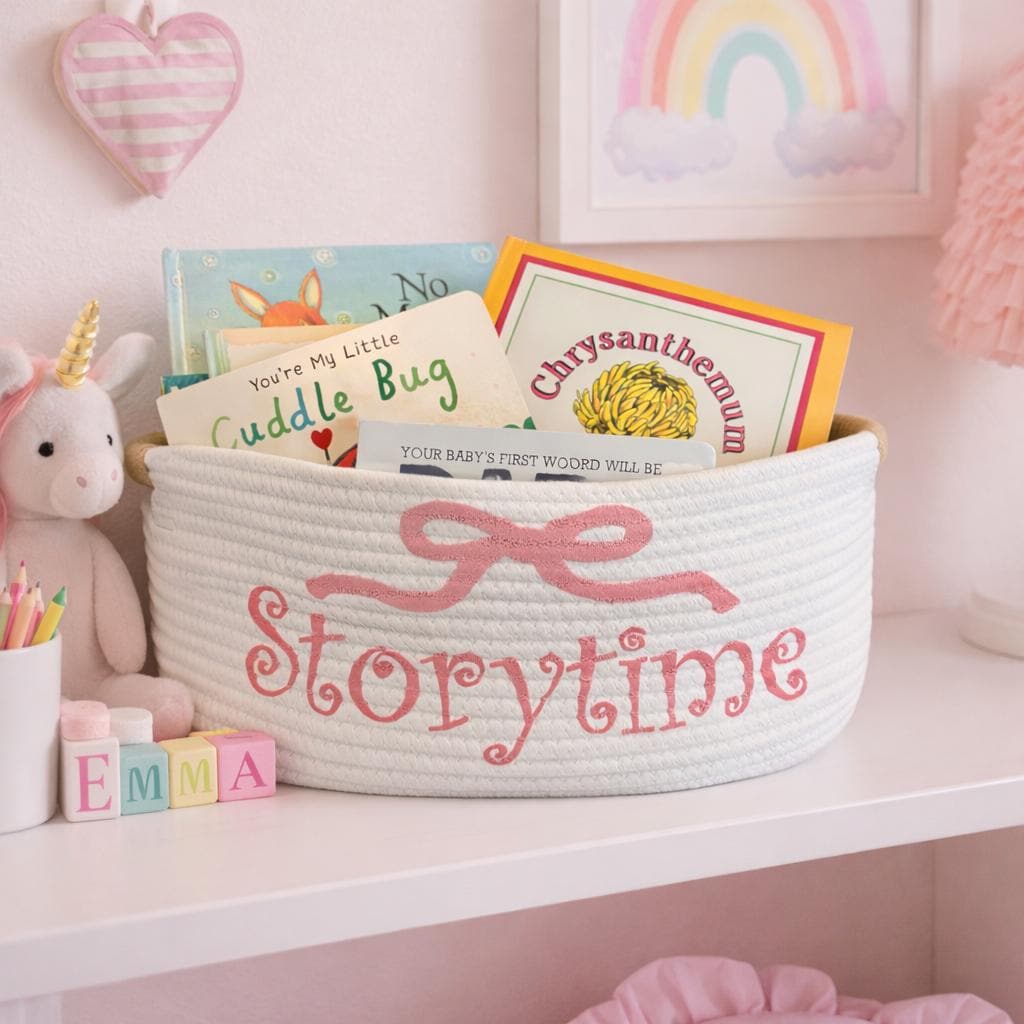 Storytime Book Basket for Baby Girl - Coquette Pink Bow Basket for ...