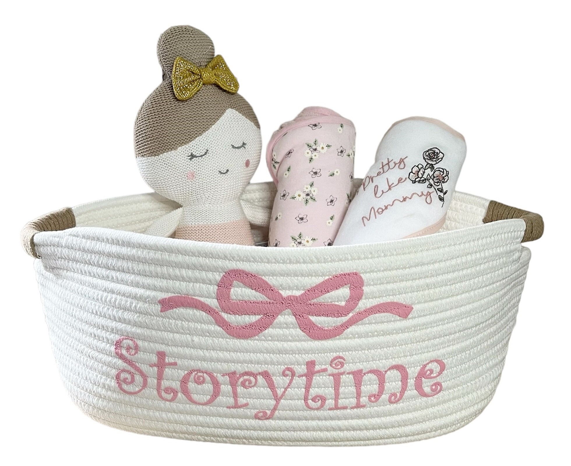 Storytime Book Basket for Baby Girl - Coquette Pink Bow Basket for ...