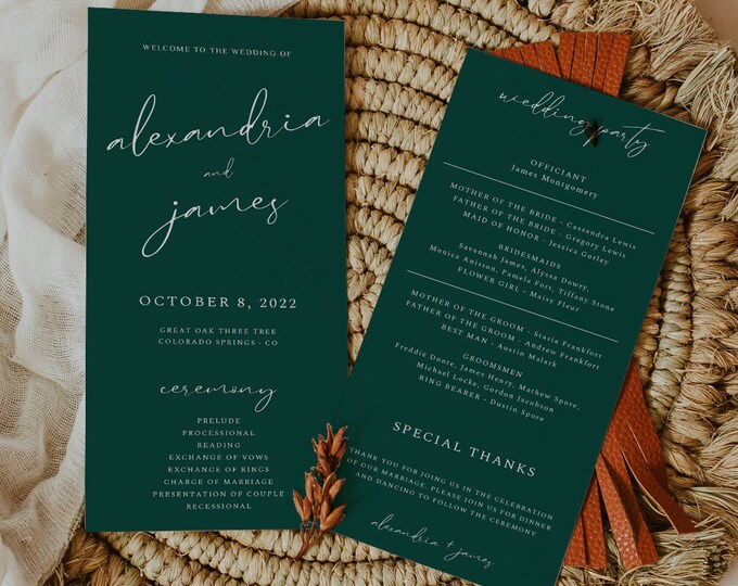 TINLEY Deep Forest Green Wedding Program, Minimalist Program, Teal ...