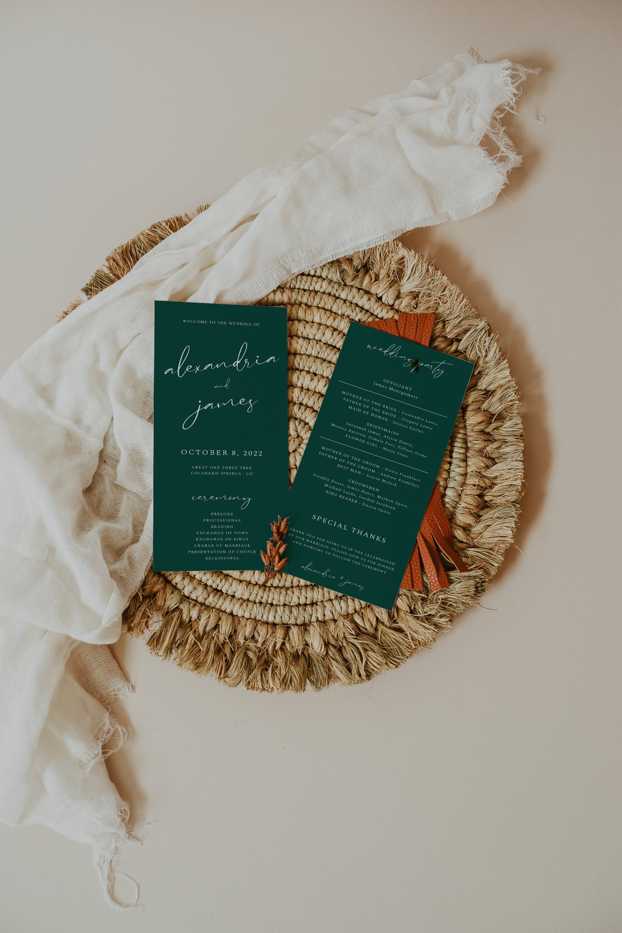 TINLEY Deep Forest Green Wedding Program, Minimalist Program, Teal ...