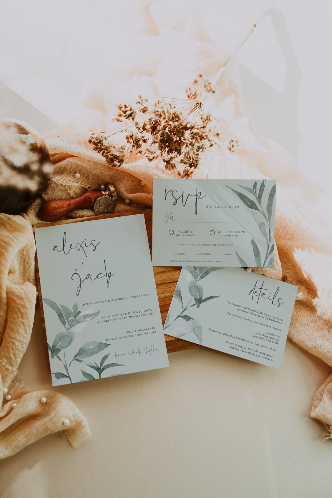 MYRA - Sage Green Wedding Invitation Bundle, Greenery With Sage ...