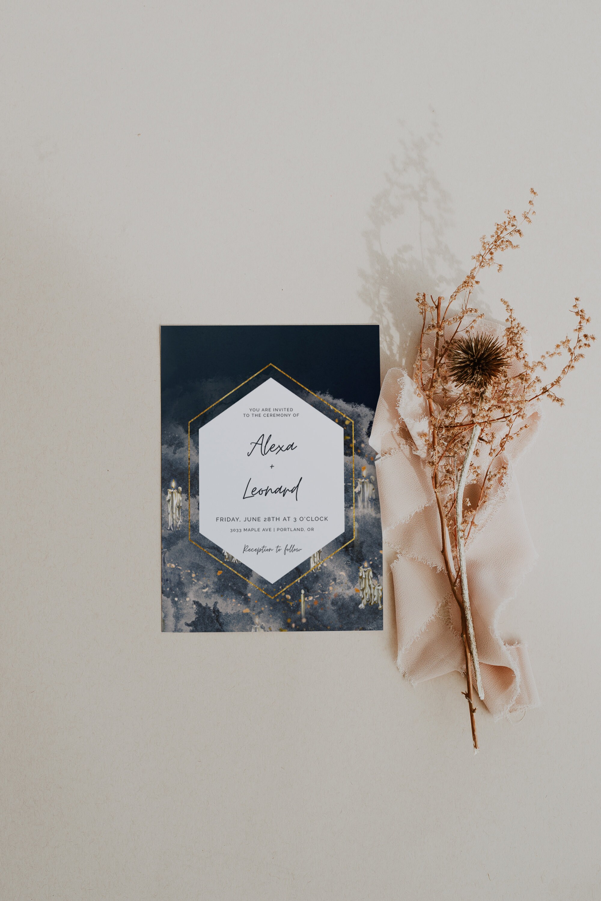 PARVATI Magical Floating Candles Invitation, Navy Wedding Invitation ...