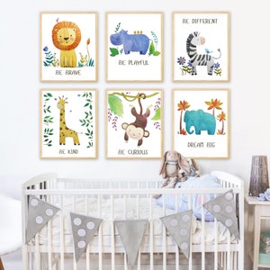 Nursery Decor Jungle Safari Animal Watercolor Wall Art set of 6 Posters ...