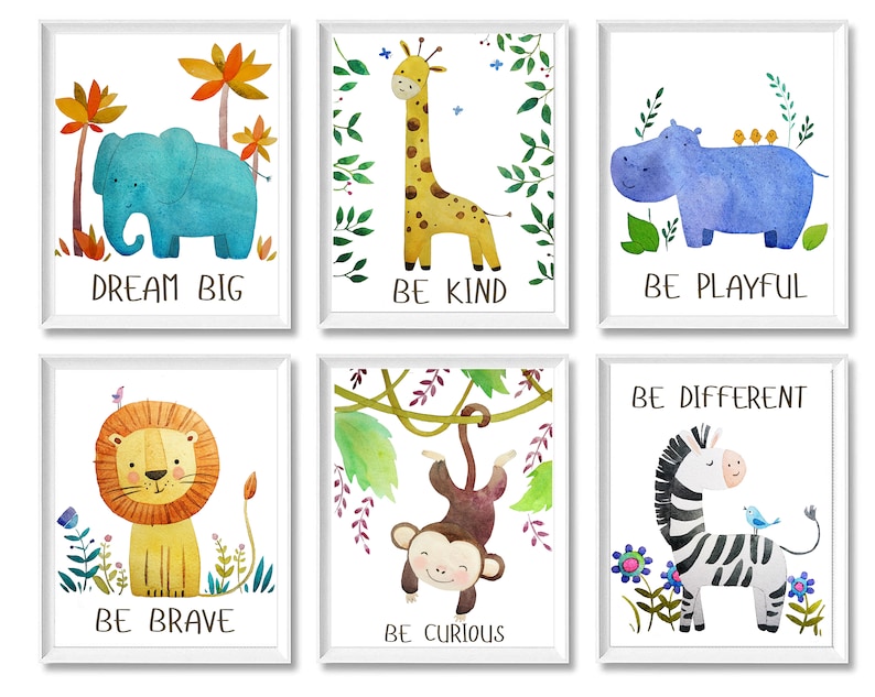 Nursery Decor Jungle Safari Animal Watercolor Wall Art -set of 6 ...