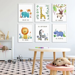 Nursery Decor Jungle Safari Animal Watercolor Wall Art set of 6 Posters ...