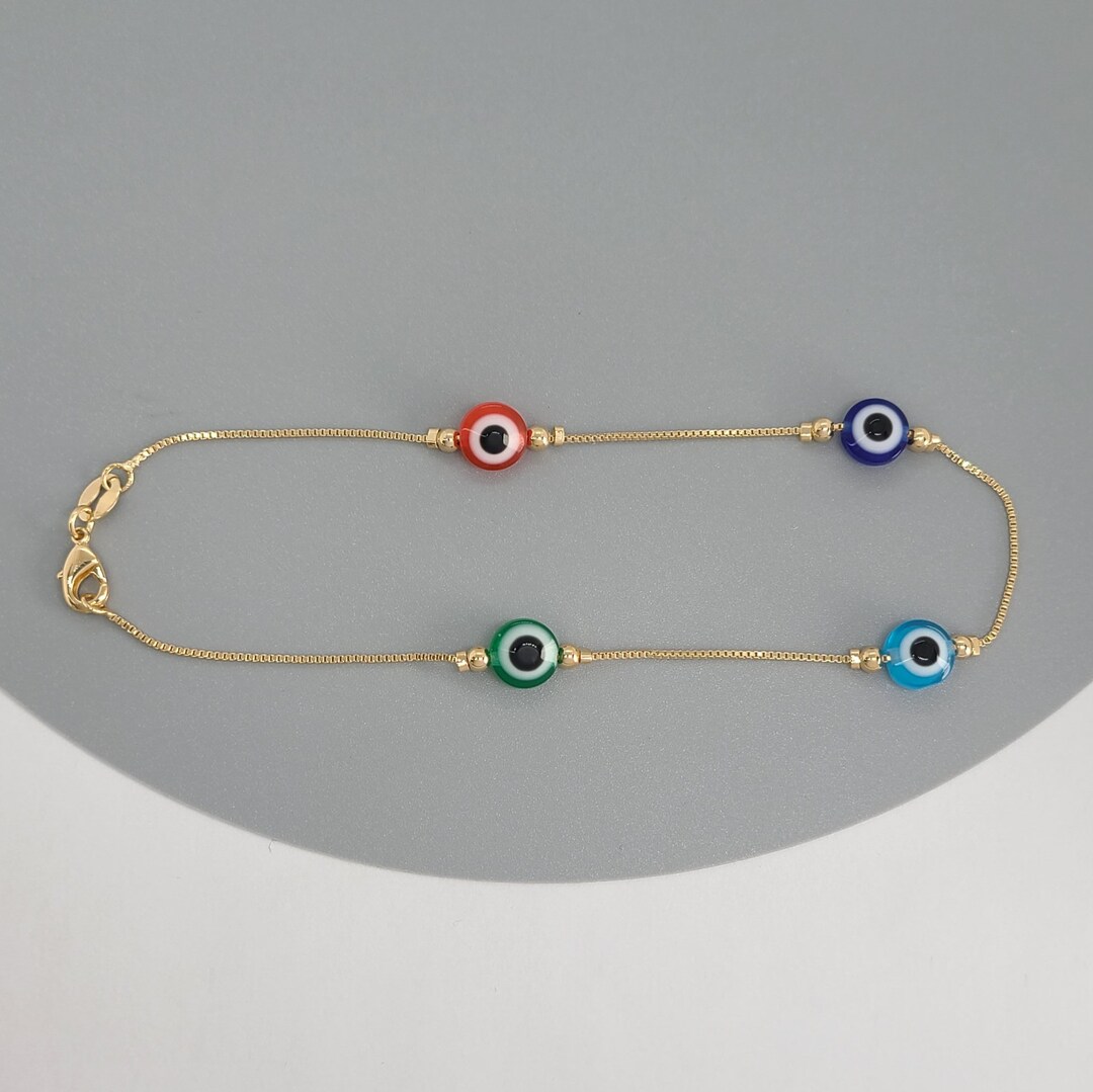 Colorful Evil Eye Anklet, 18K Gold Filled, Box Link Anklet, Multicolor ...