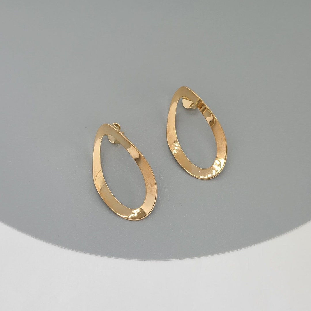 Oval Earrings, 18K Gold Filled Jewelry, Curved Oval Earrings, Long ...