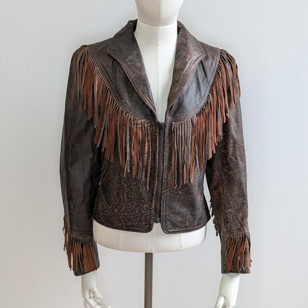 Old Hide House Vintage 80’s Brown Cropped Leather Fringe Tassel Jacket ...
