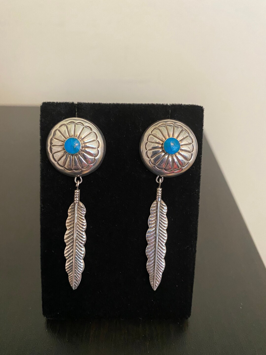 Navajo Silver Concho Earrings With Turquoise and Long Feather - Etsy